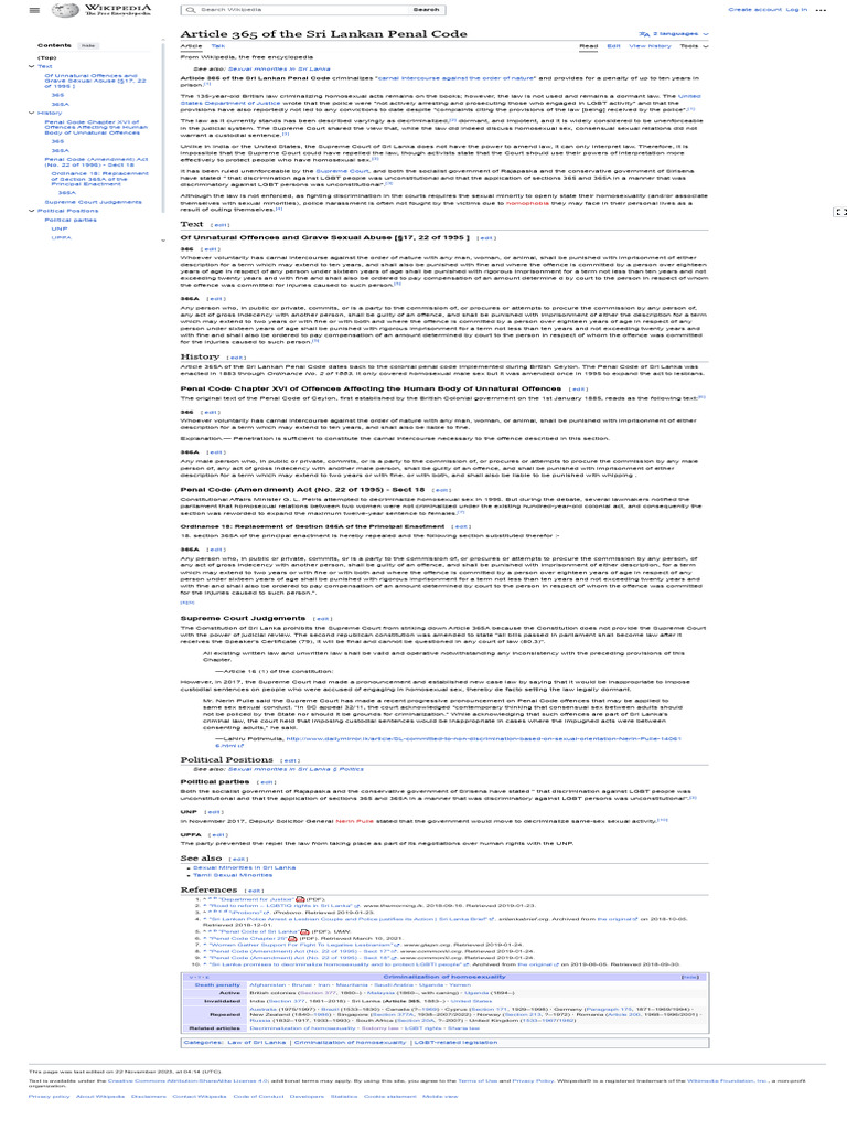 Article 365 of The Sri Lankan Penal Code - Wikipedia | PDF | Public Law | Crimes