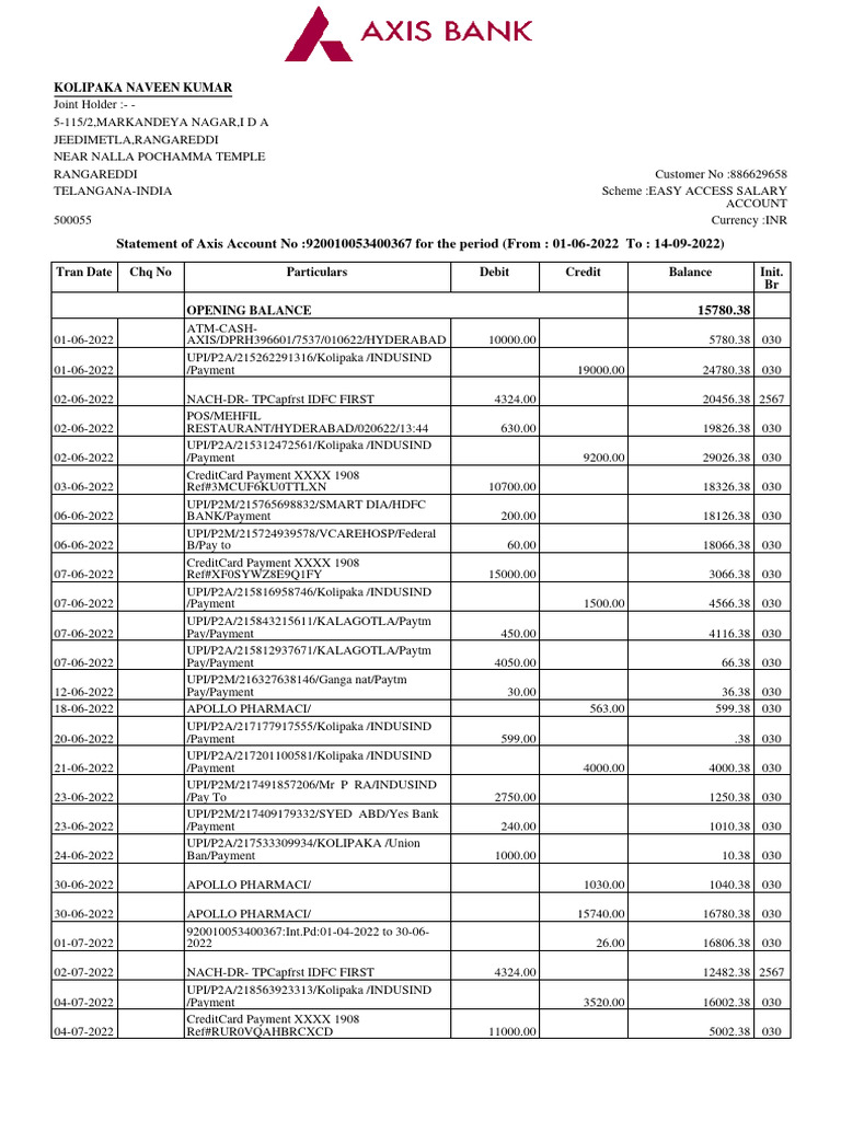 Axis Bank Statement Summary | PDF | Debit Card | Banks