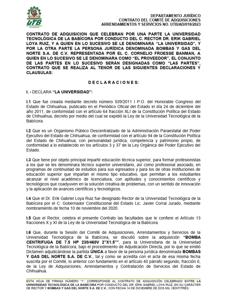 Contrato Bombas y Gas Del Norte Sa de CV Utb-Ad-018-2023 | PDF | Jurisdicción | Fiscal