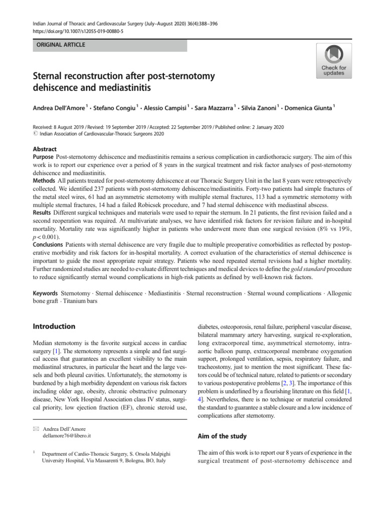 Sternal Reconstruction After Post-Sternotomy Dehiscence and Mediastinitis | PDF | Coronary ...