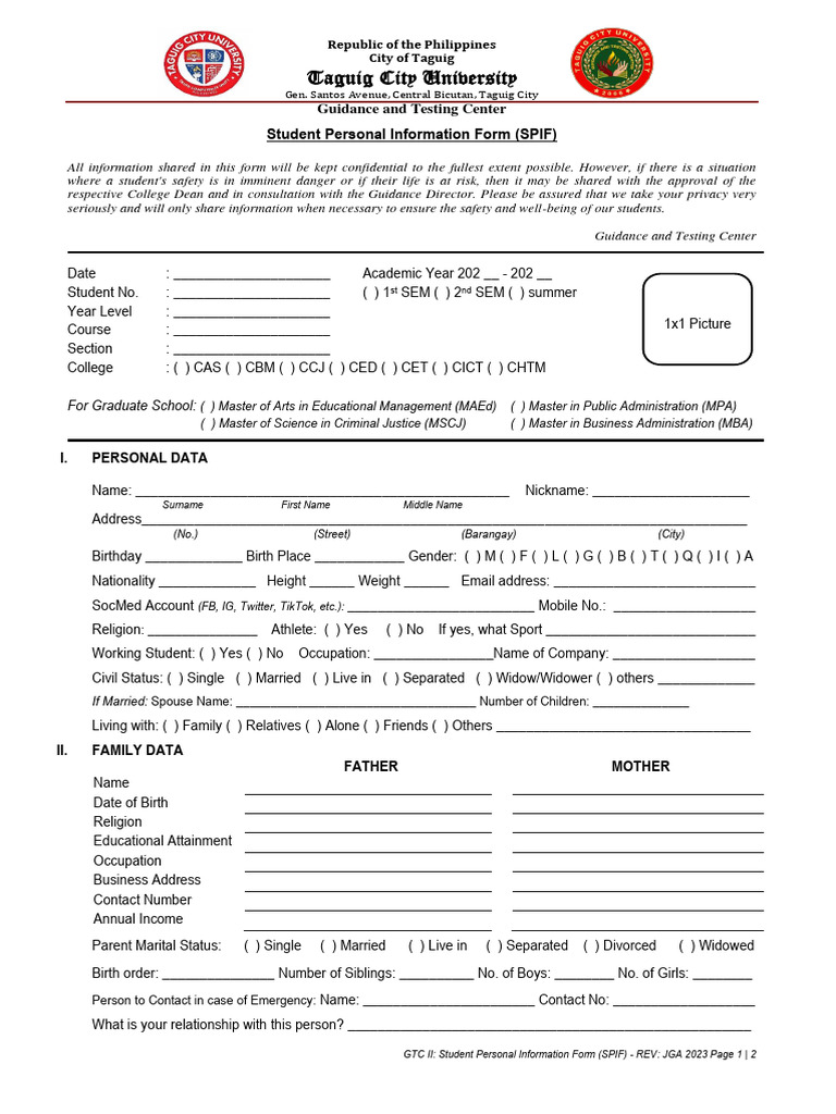 Student Personal Information Form SPIF | PDF | Behavioural Sciences | Psychology