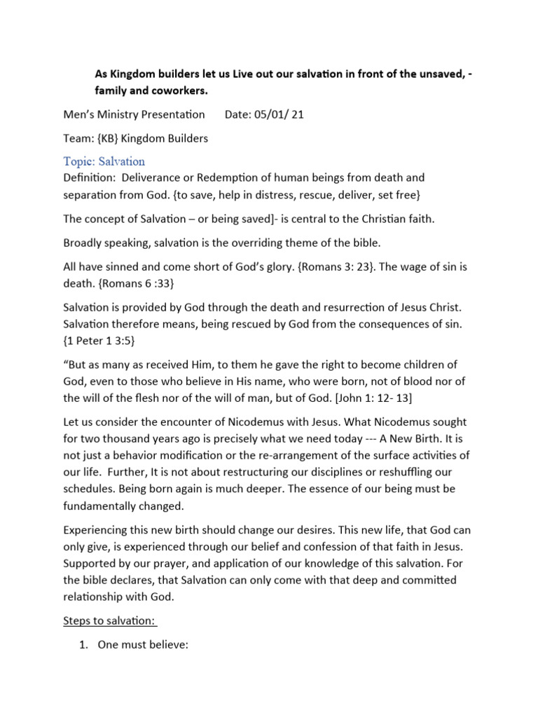 Men Ministry Document | PDF | Salvation | Born Again