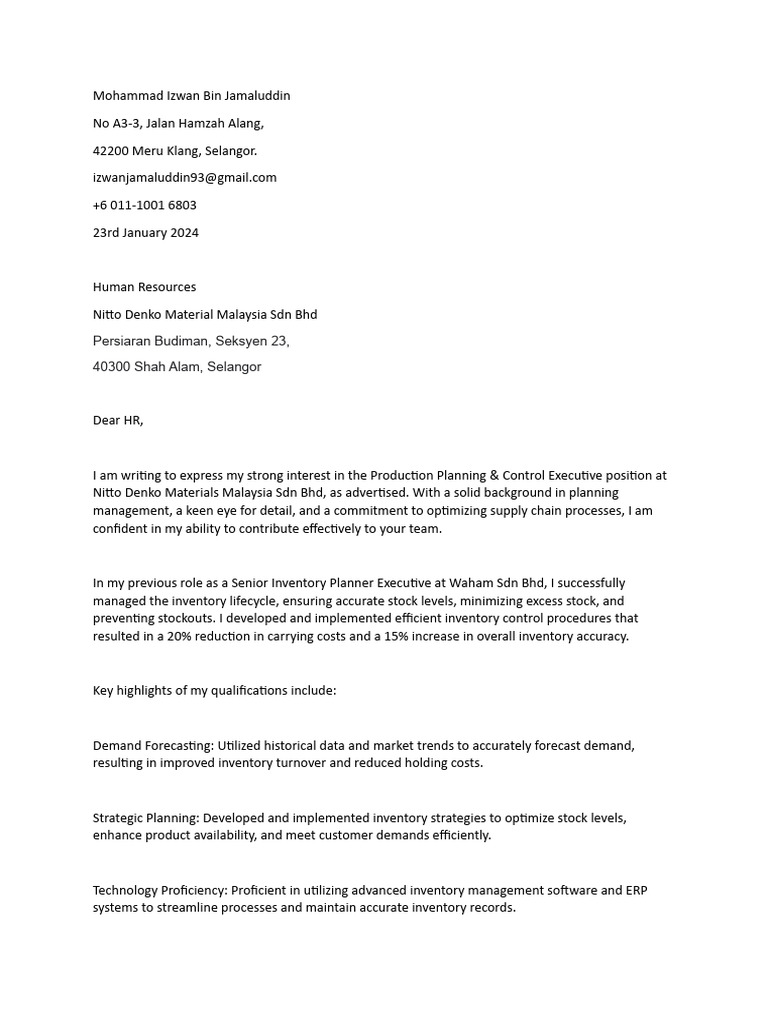 Cover Letter Example | PDF | Inventory | Supply Chain