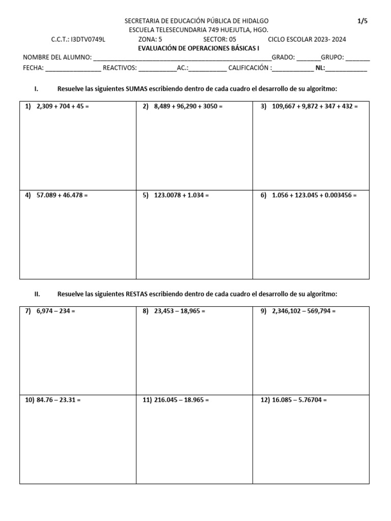 1 Diagnostico Operaciones Basicas Rev 4 | PDF | Conceptos matemáticos | Álgebra