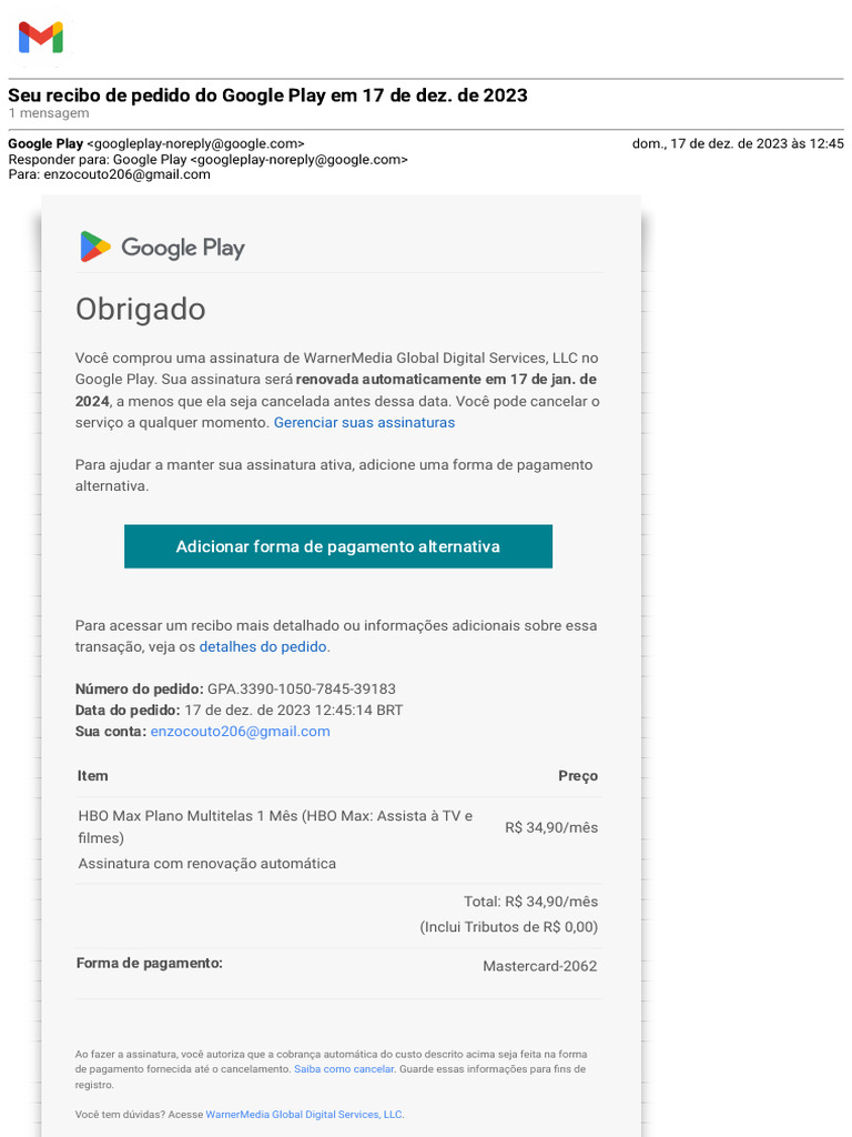 Gmail Seu Recibo De Pedido Do Google Play Em 17 De Dez De 2023 Pdf