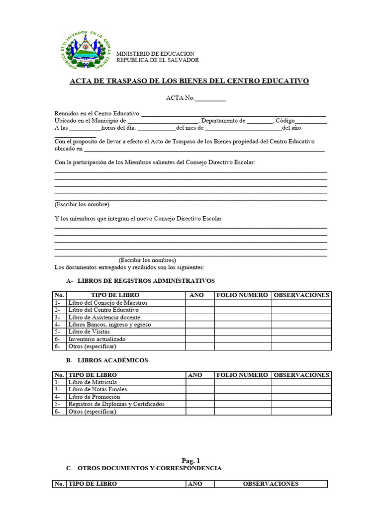 03-Acta de Traspaso de Los Bienes Del Centro Educativo | PDF