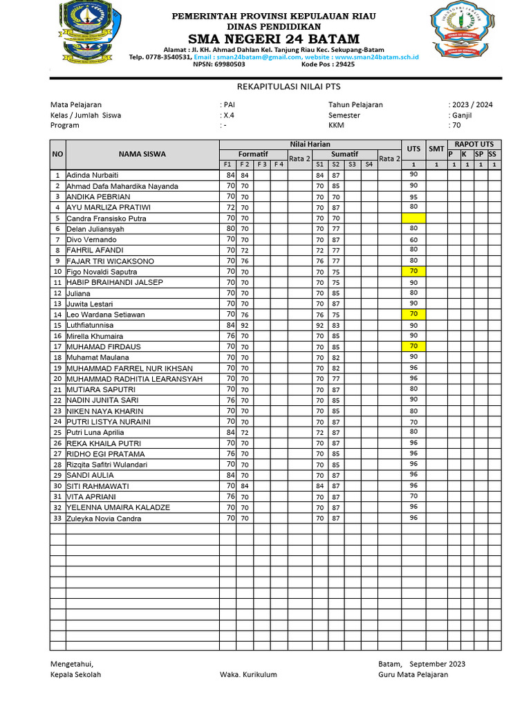 Form Nilai Pai SMSTR Ganjil 2023-2024 | PDF
