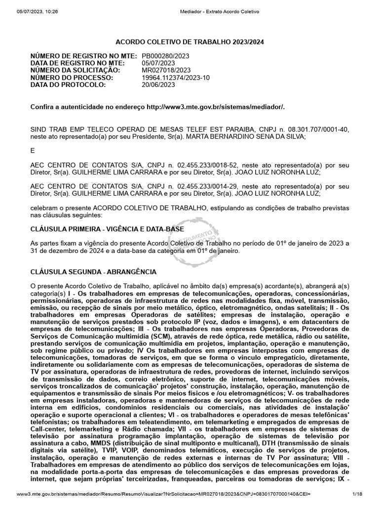 Act 2023 2024 Aec Centro de Contatos Sa | PDF | Hora extra | Sindicato