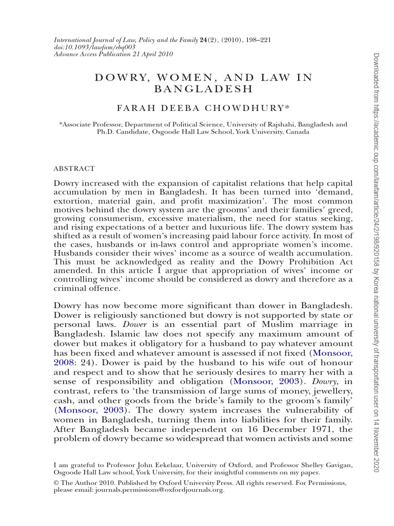 Dowry and Women's Rights in Bangladesh | PDF | Marriage | Social Institutions