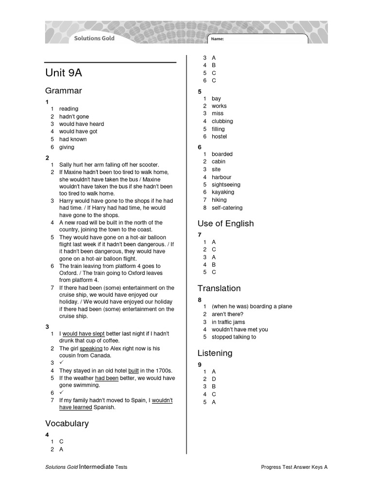 Sol Gold Int Progress Test Unit 9A Answer Key | PDF Sol Gold Int Progress Test Unit 9A Answer Key | PDF