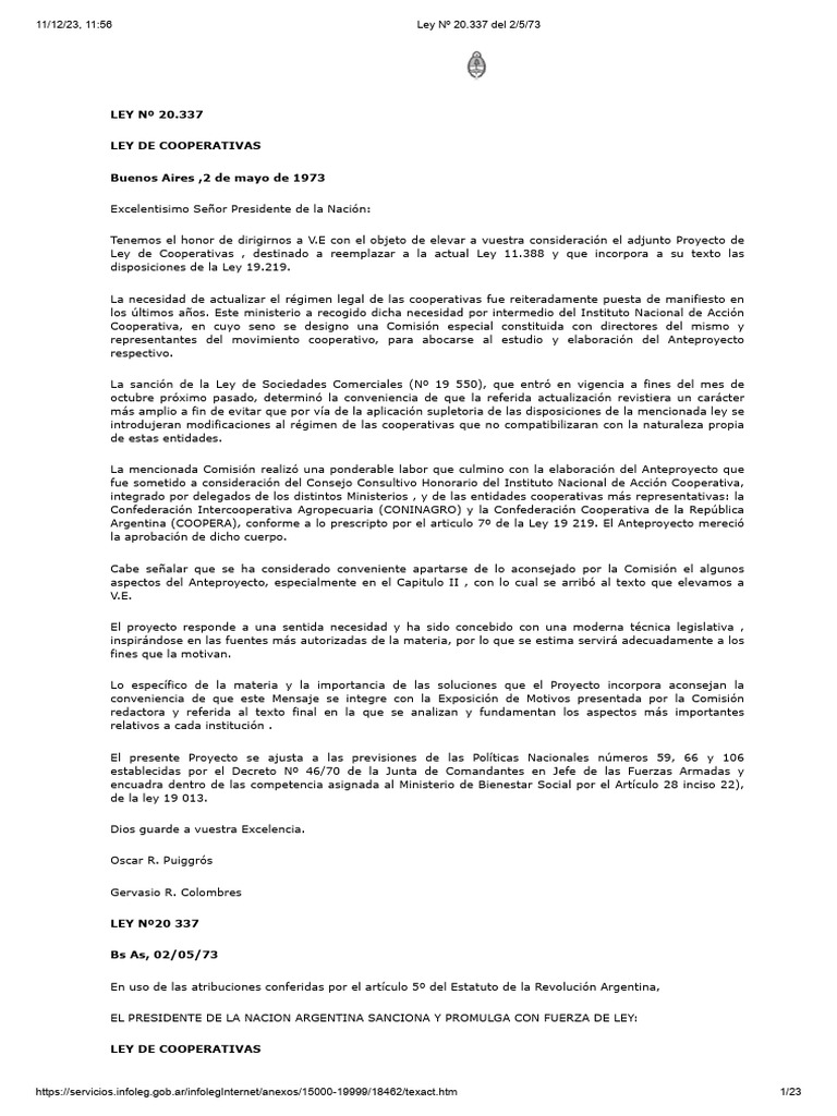 Ley Nº 20.337 - Cooperativas | PDF | Cooperativa | Condominio