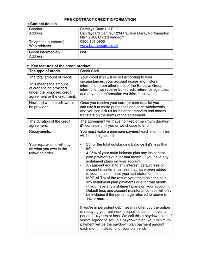 Barclaycard Pre-Contract Information 20240122OL8UTZT1QD | PDF | Credit ...