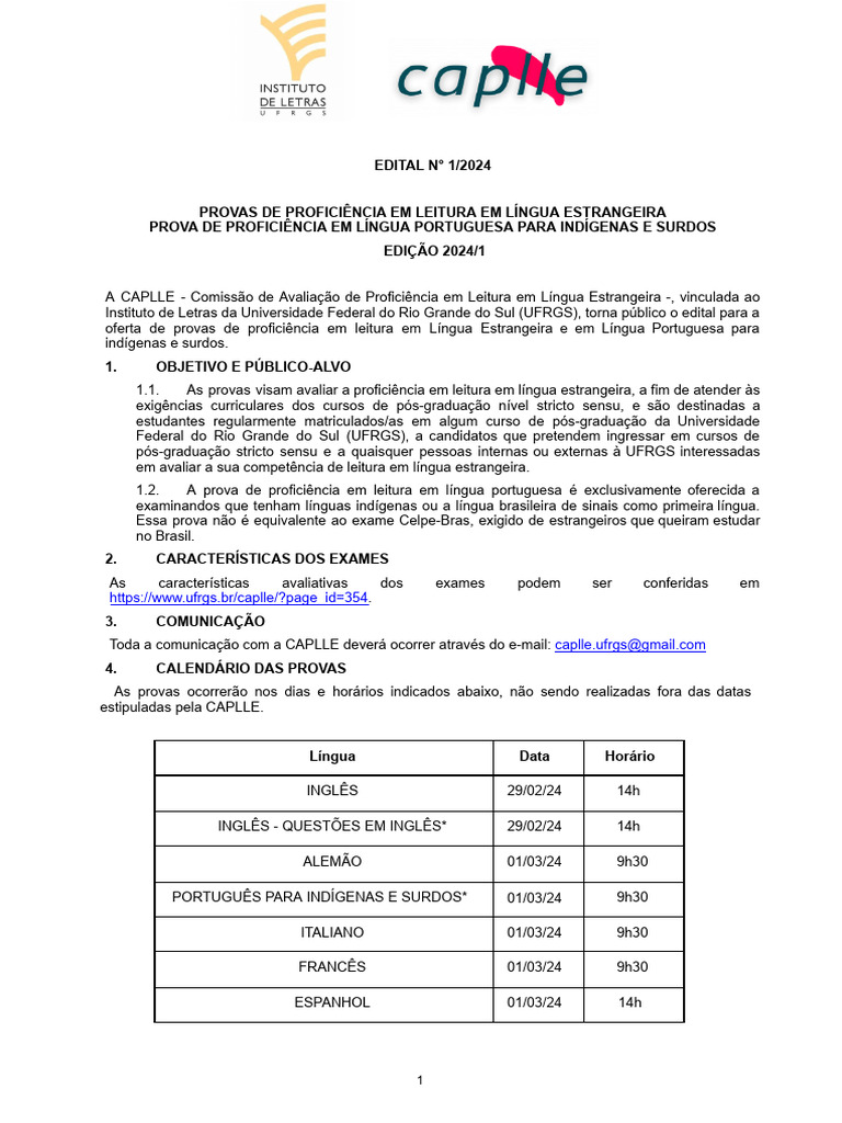 CAPLLE Edital Prova Proficiencia 2024 1.docx Assinado | PDF | Pós ...