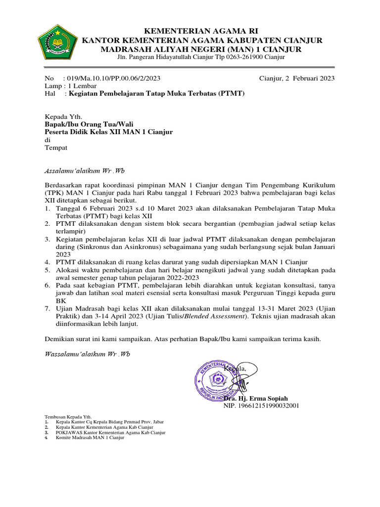 Surat Pemberitahuan PTMT Kelas Xii Mulai 6 Februari 2023 | PDF