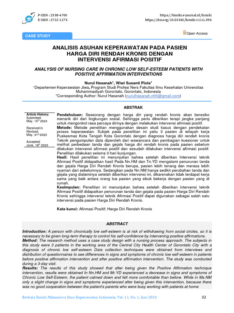 Analisis Asuhan Keperawatan Pada Pasien Harga Diri Rendah Kronis Dengan Intervensi Afirmasi ...