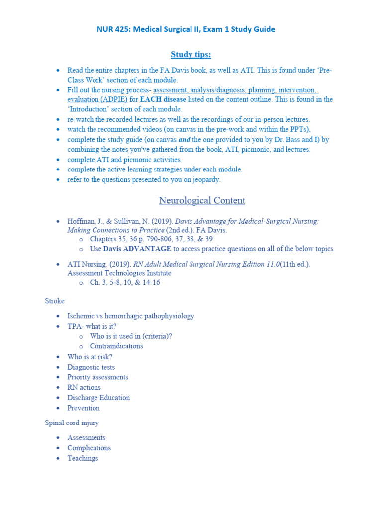 Exam 1 Study Guide | PDF | Surgery | Neurology