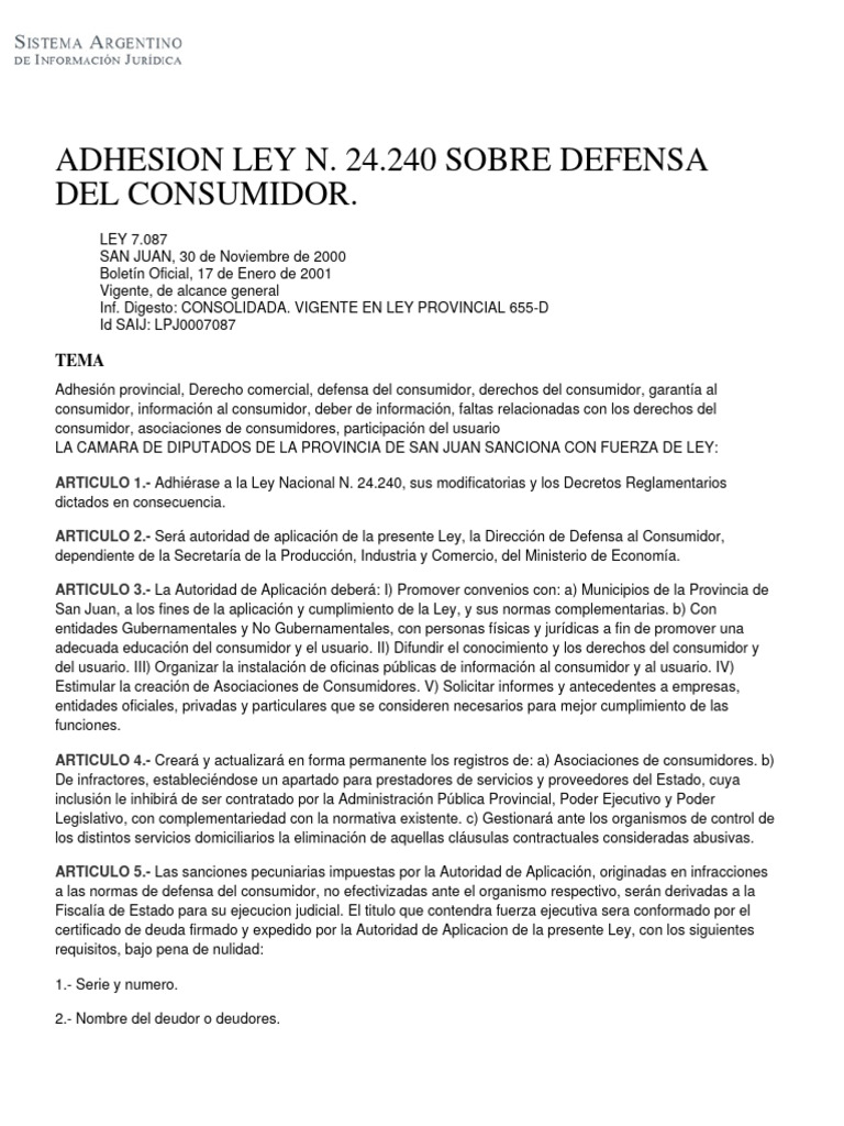 Adhesion Ley N. 24.240 Sobre Defensa Del Consumidor. | PDF | Protección ...
