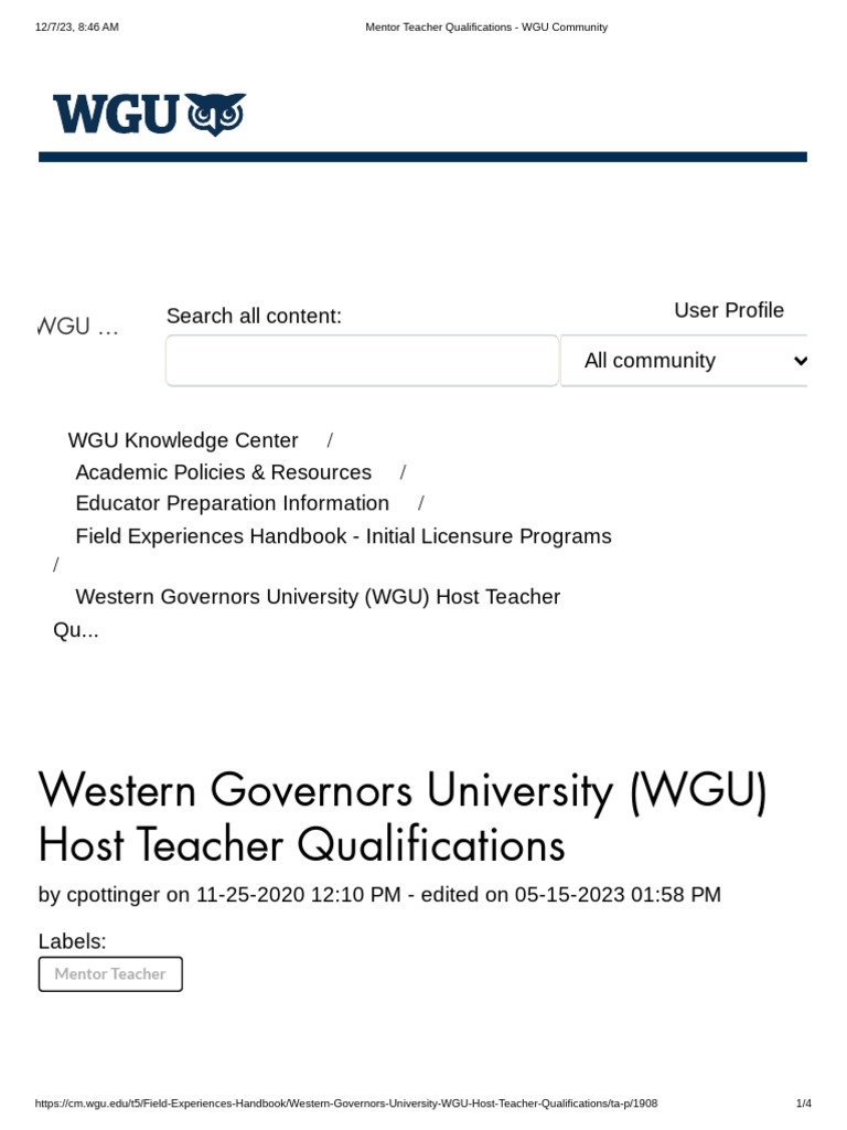 Mentor Teacher Qualifications - WGU Community | PDF | Teachers | Mentorship