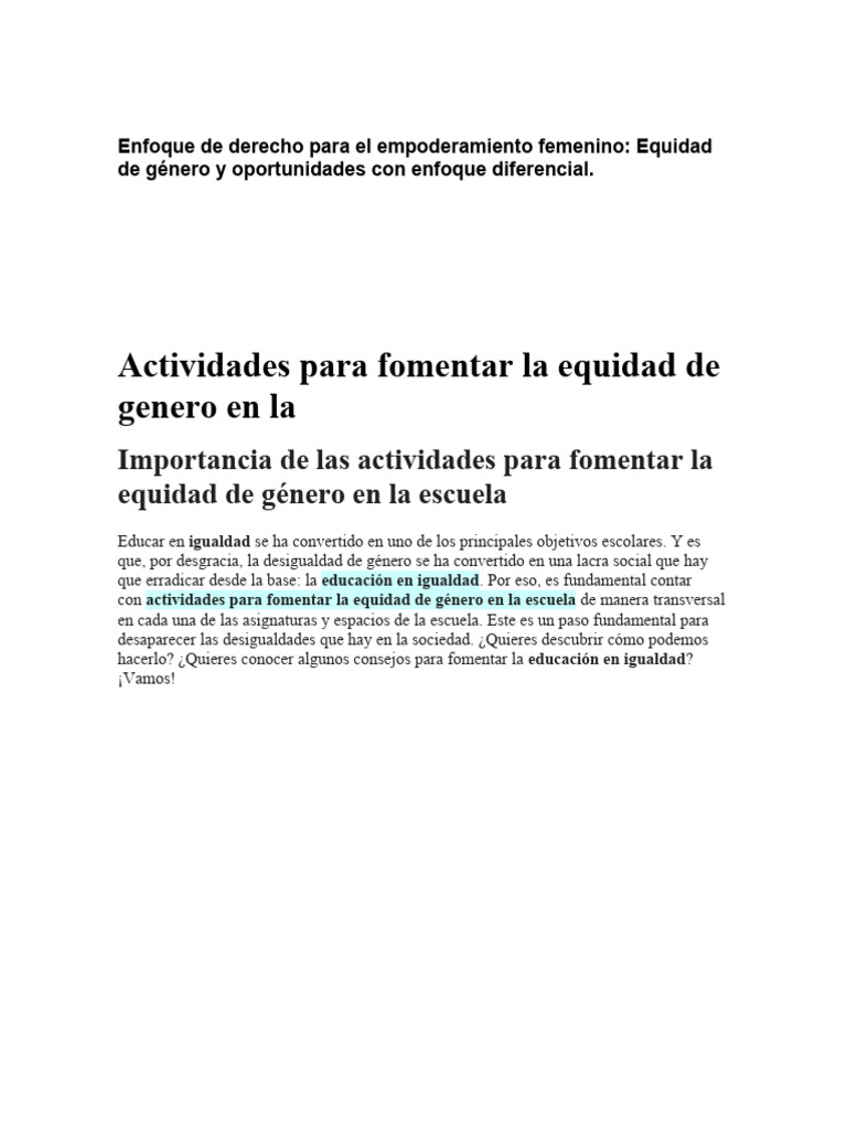 Actividades para la Equidad de Género Escolar | PDF | Igualdad de ...