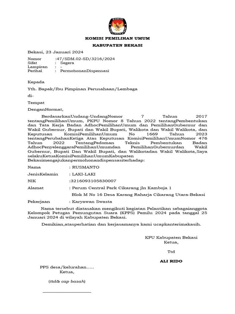 Surat Permohonan Dispensasi KPPS | PDF Surat Permohonan Dispensasi KPPS | PDF