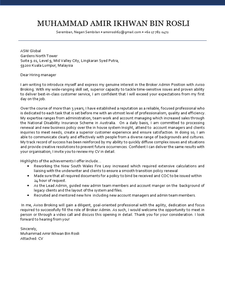 Muhammad Amir Ikhwan - Cover Letter | PDF | Business
