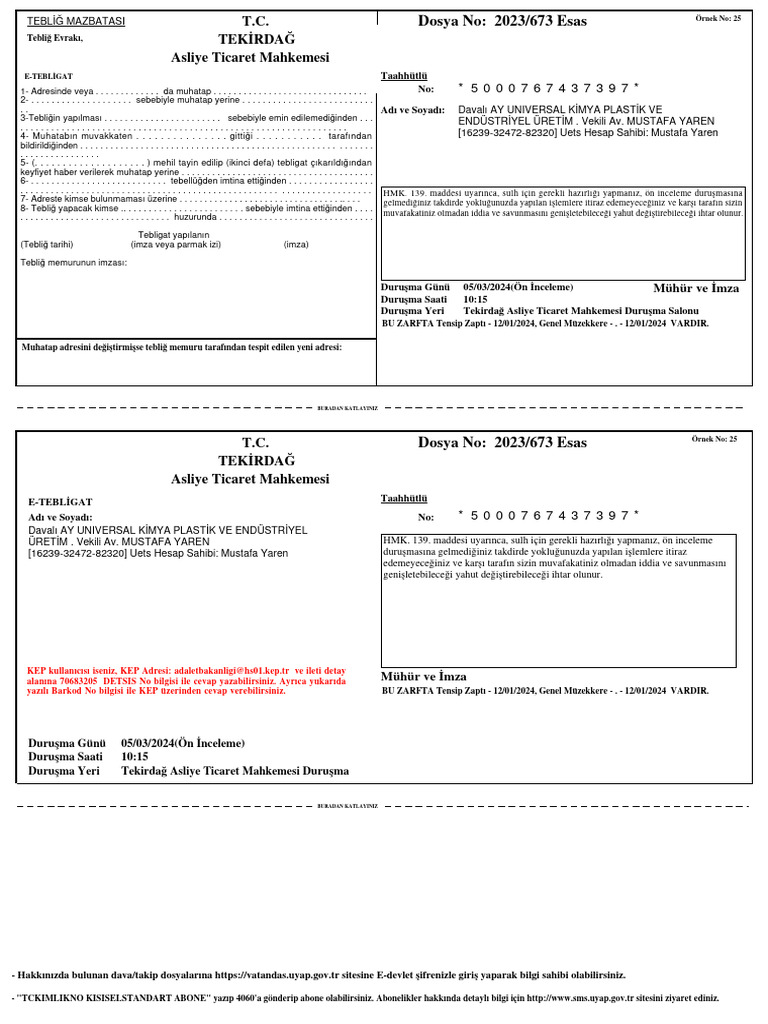 Teki̇rdağ Asli̇ye Ti̇caret Ay Universal Duruşma Günü | PDF
