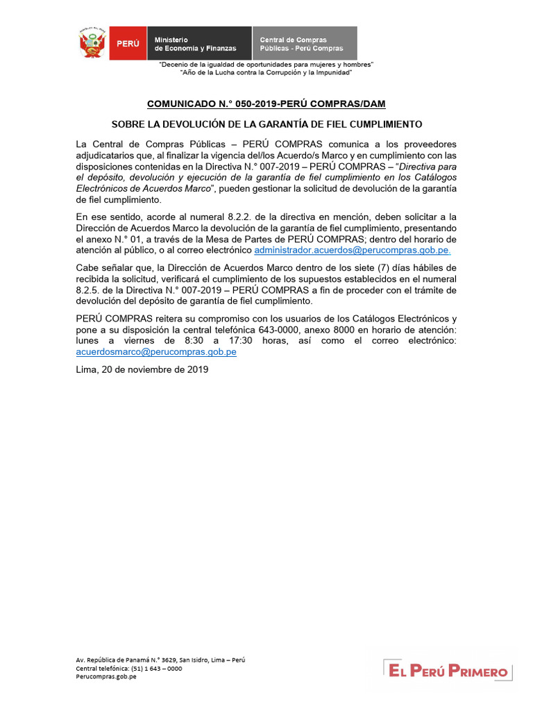 COMUNICADO - N - 050 - 2019 - PERUCOMPRAS - DAM (Devolucion de Garantia) | PDF