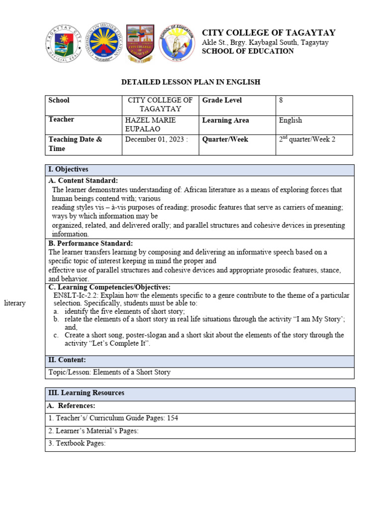 DETAILED LESSON PLAN - Template ENG AND MATH | PDF | Lesson Plan | Learning