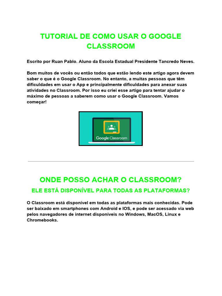 Tutorial de Como Usar o Google Classroom | PDF | Aplicativo para ...