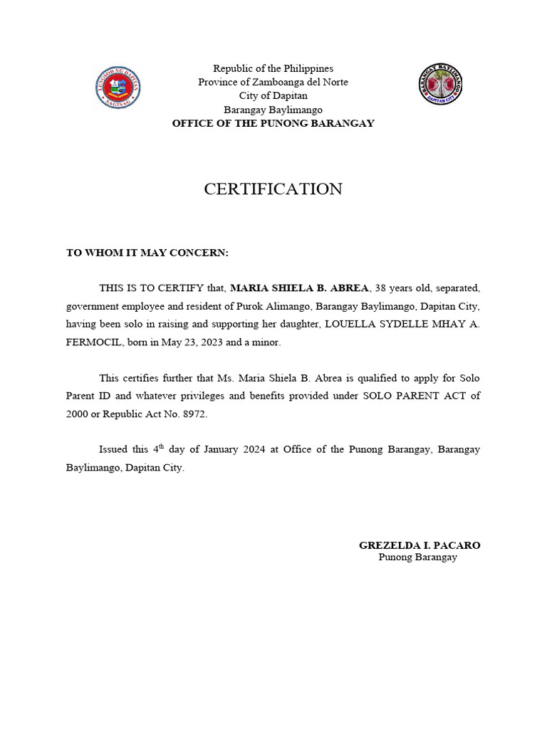 Solo Parent Certification | PDF