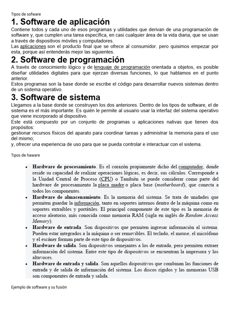 Tipos de Sofware | PDF | Hardware de la computadora | Sistema operativo