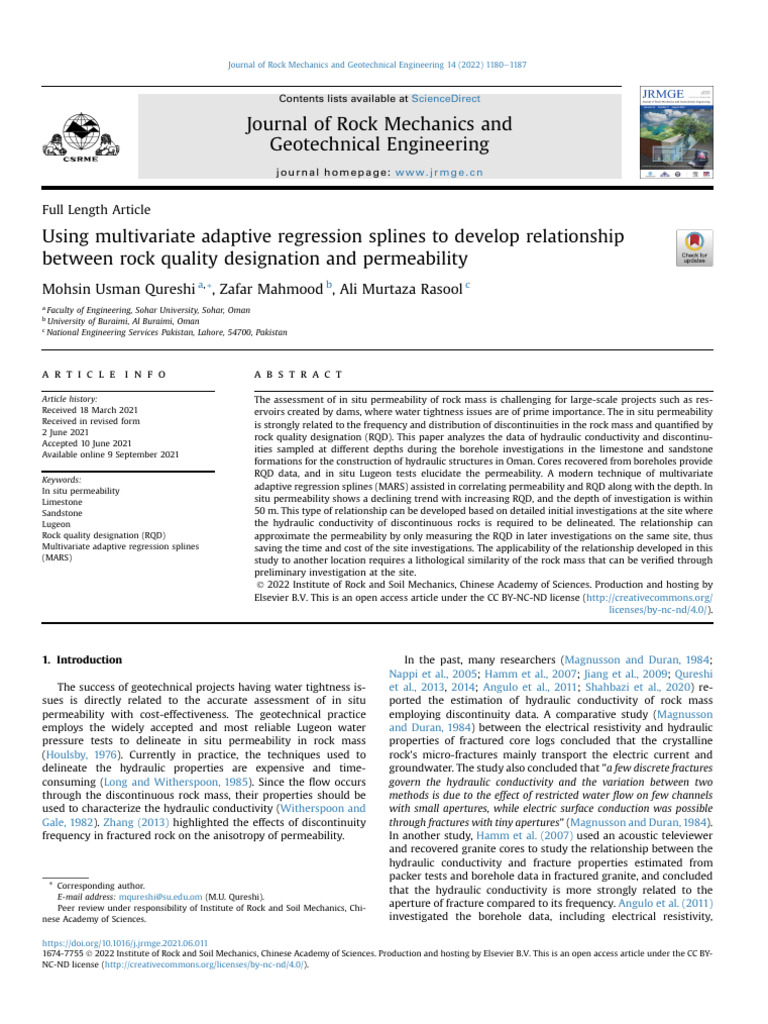 Using Multivariate Adaptive Regression Splines To Develop Relationship BTW RQD and K | Download ...