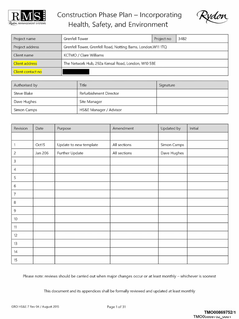 Grenfell Tower Rydon Construction Phase Plan (2016) | PDF ...