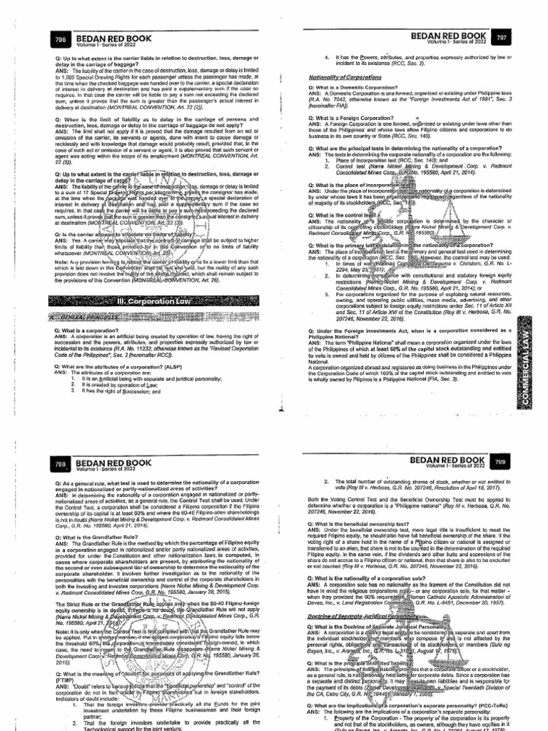 2022 Bedan Red Book - Commercial Law - Corporation | PDF