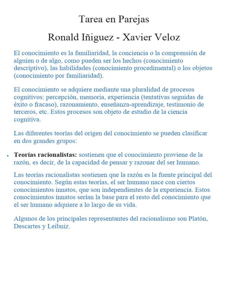 Teorías del Conocimiento: Racionalismo y Empirismo | PDF | Conocimiento ...