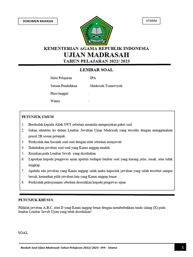 Soal Ujian Madrasah (Um) Tahun 2023 | PDF | Sains & Matematika