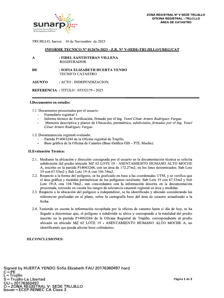 Informe Tecnico de Verificacion - Alto Moche-Sunarp | PDF