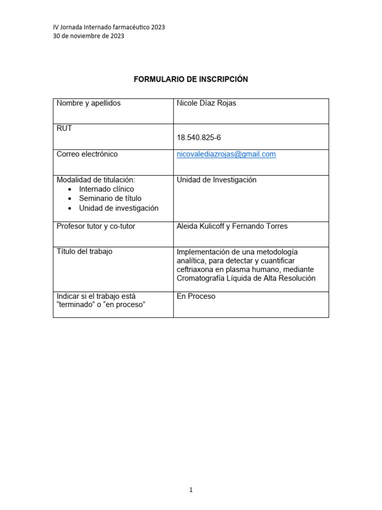 Formulario de Inscripción y Resumen 2023 | PDF | Cromatografía líquida de alto rendimiento ...