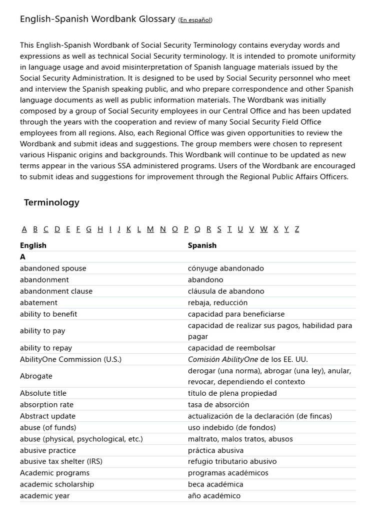 English-Spanish Glossary - SSA | PDF | Social Security Administration