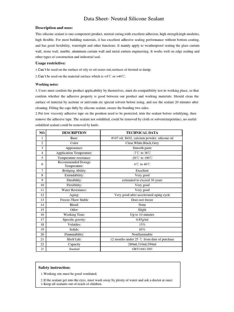 Neutral Silicone Sealant Data Sheet | PDF | Silicone | Adhesive