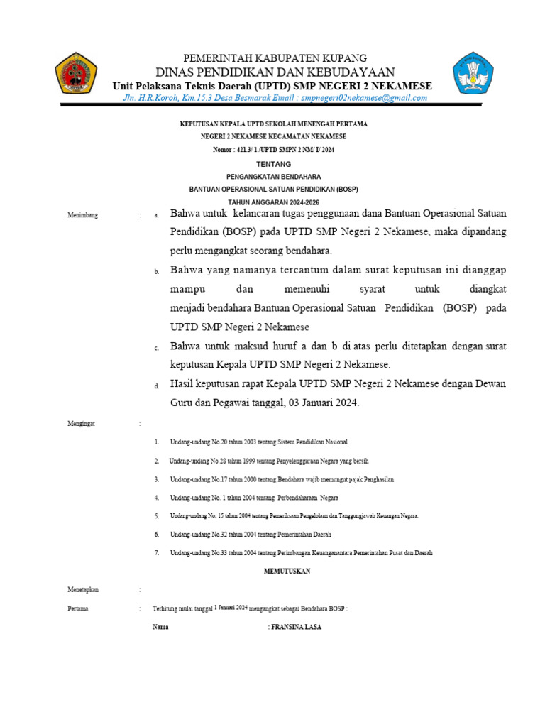 SK Bendahara BOS 2024 - 2026 | PDF