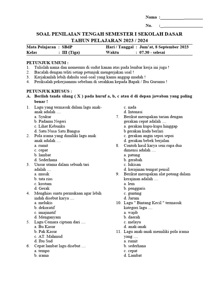Soal PTS SBDP Kelas 3 | PDF