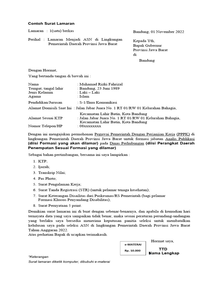 Contoh Surat Lamaran ASN Jawa Barat | PDF
