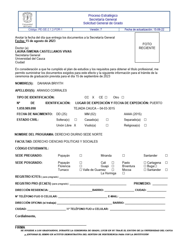 PE-GE-2.1.2 For-1 Formato de Solicitud General de Grado V7 | PDF