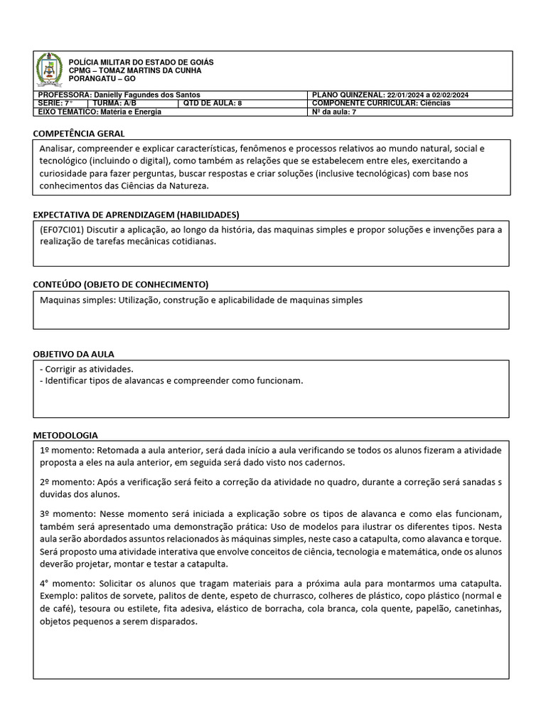 Planejamento Quinzenal Aula7 Ciências 7ano | PDF | Science