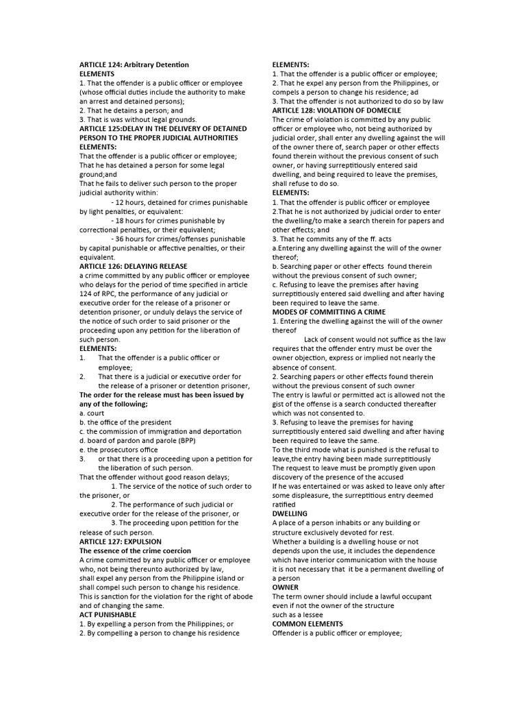 ARTICLE 124 Handout | PDF | Crime & Violence | Crimes