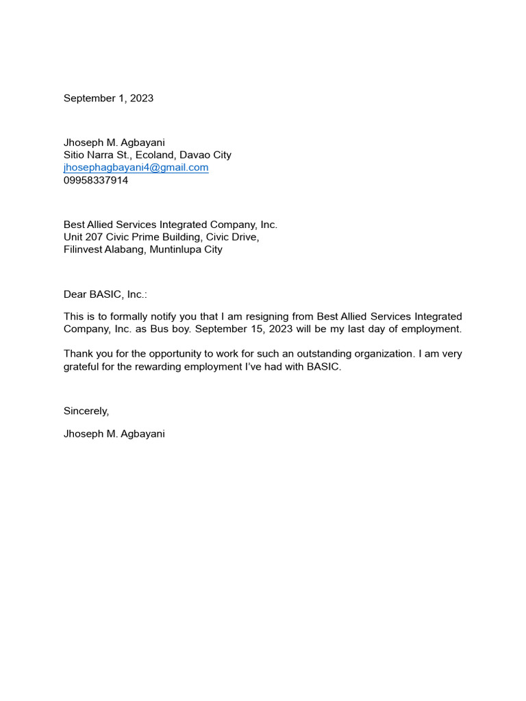 Resignation Letter from Best Allied Services | PDF | Finance & Money ...