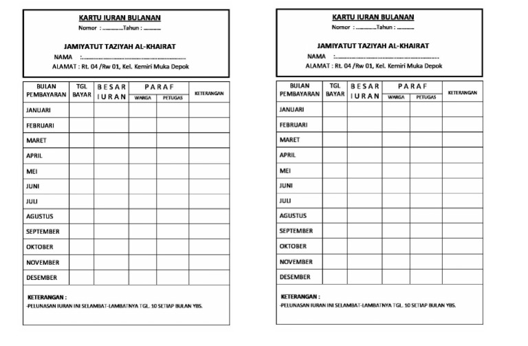 Kartu Iuran Bulanan Template Fix | PDF