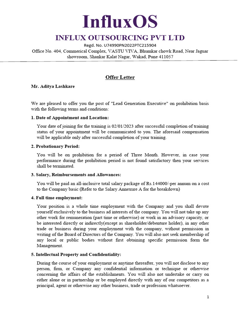 Offer Letter Akash | PDF | Employment | Legal Liability