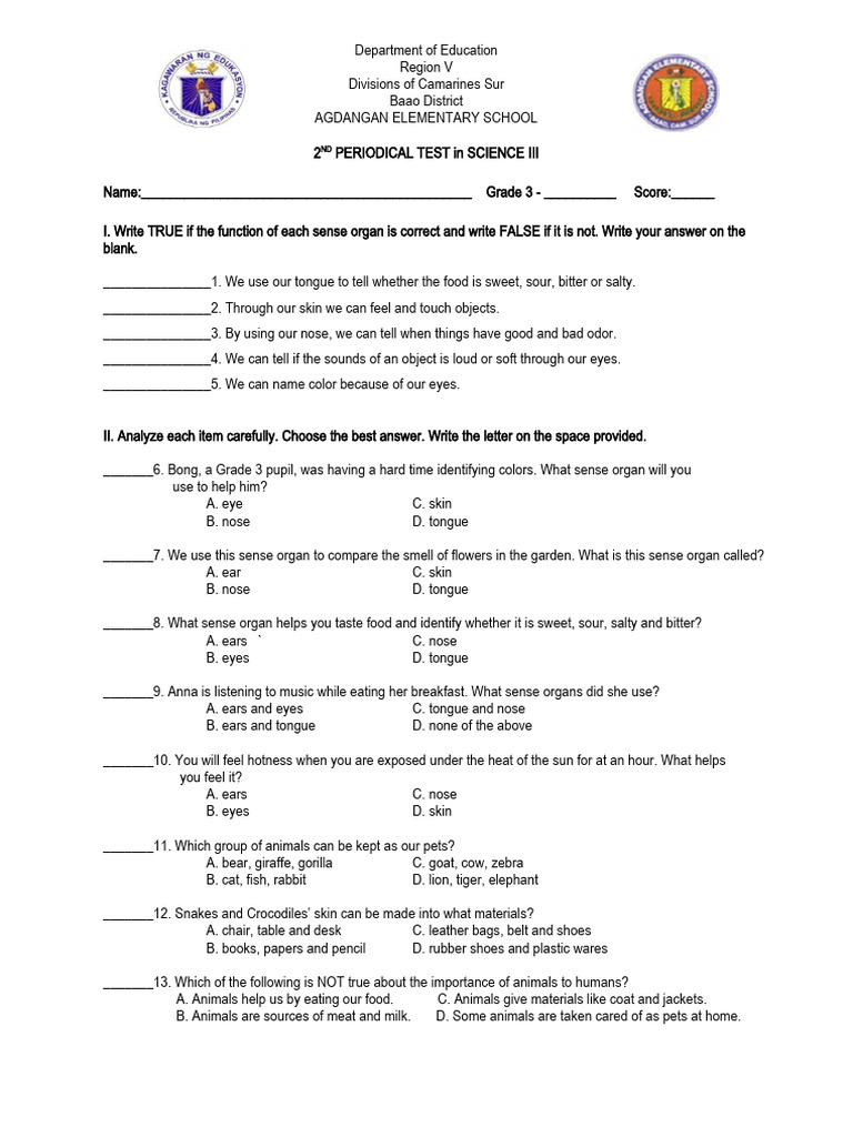 2nd PT in Science 3 | PDF | Senses | Taste